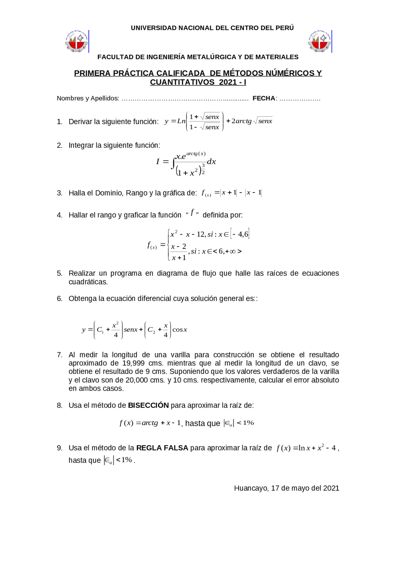 Practica 1 Metodos Numericos Ejercicios De Métodos Numéricos Docsity