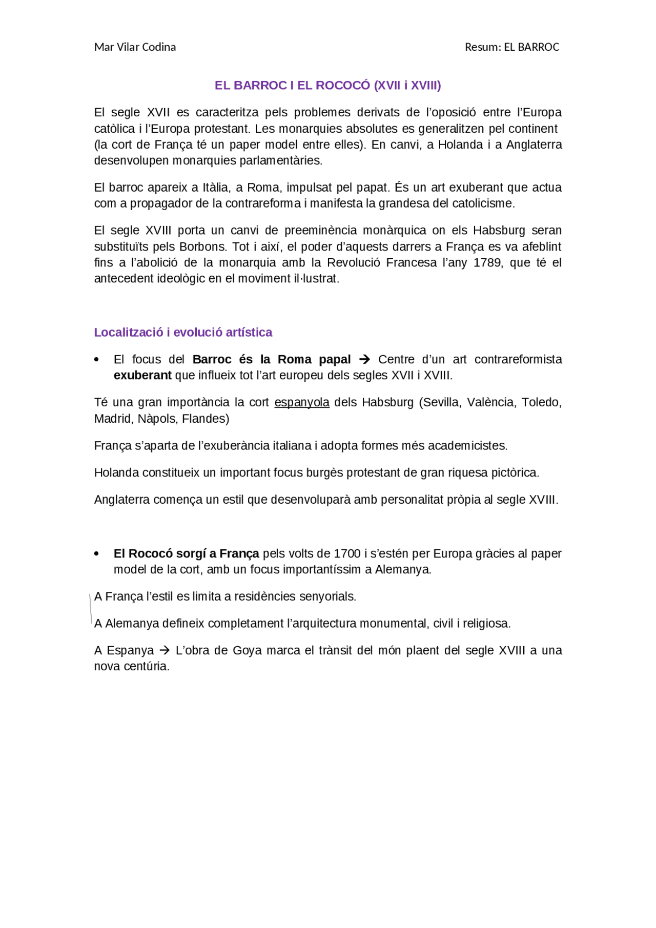 Apunt Sobre El Barroc I El Rococó Docsity