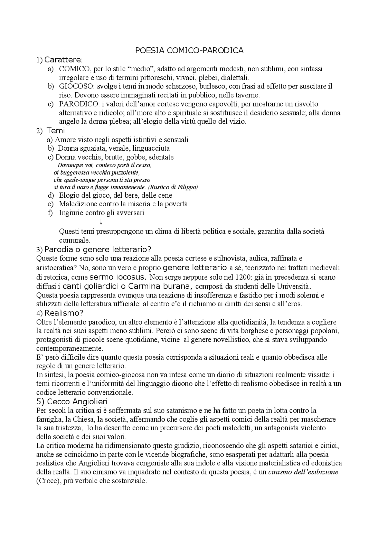 Appunti Sulla Poesia Comico Parodica Docsity