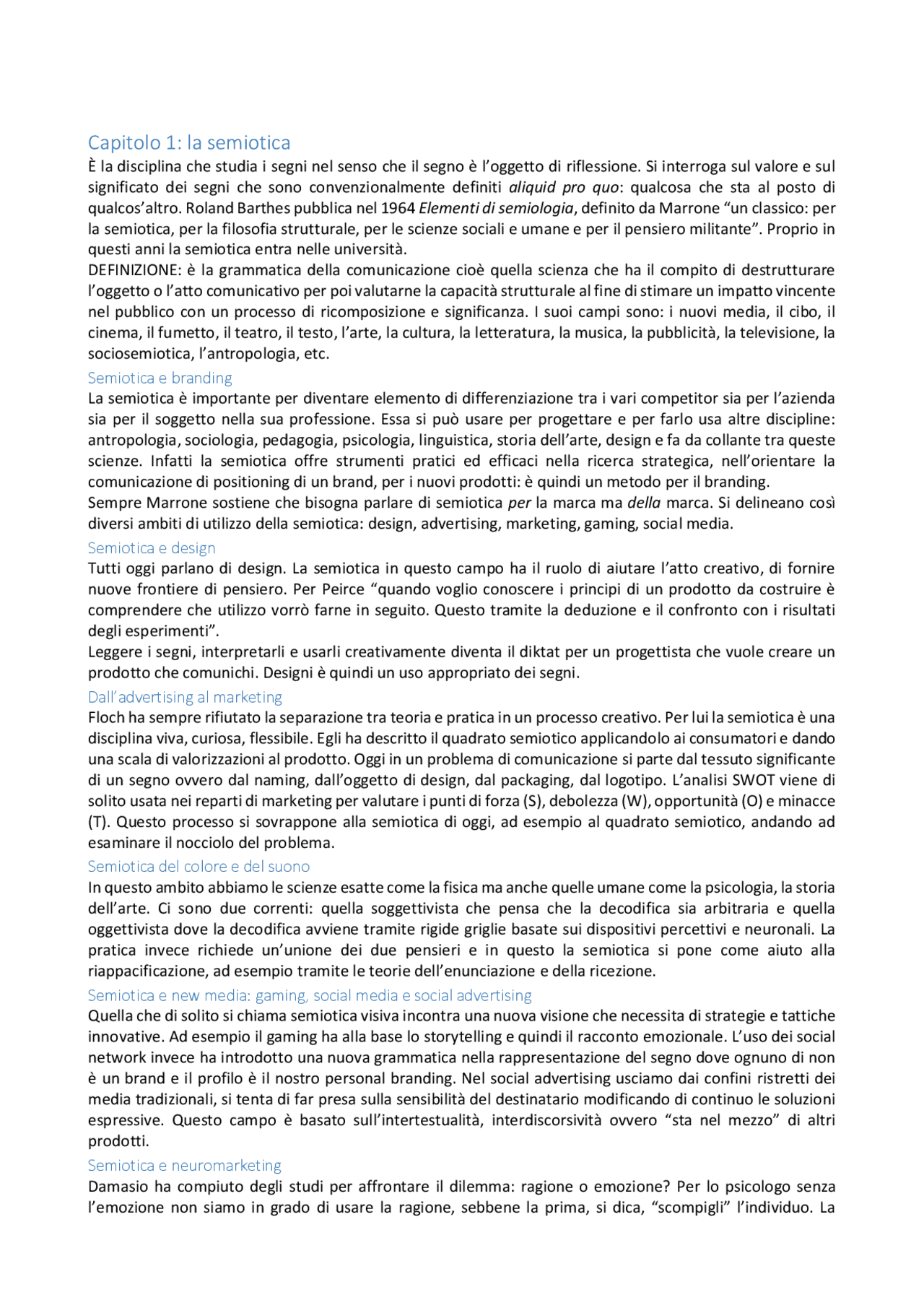 Semiotica Riassunto Docsity