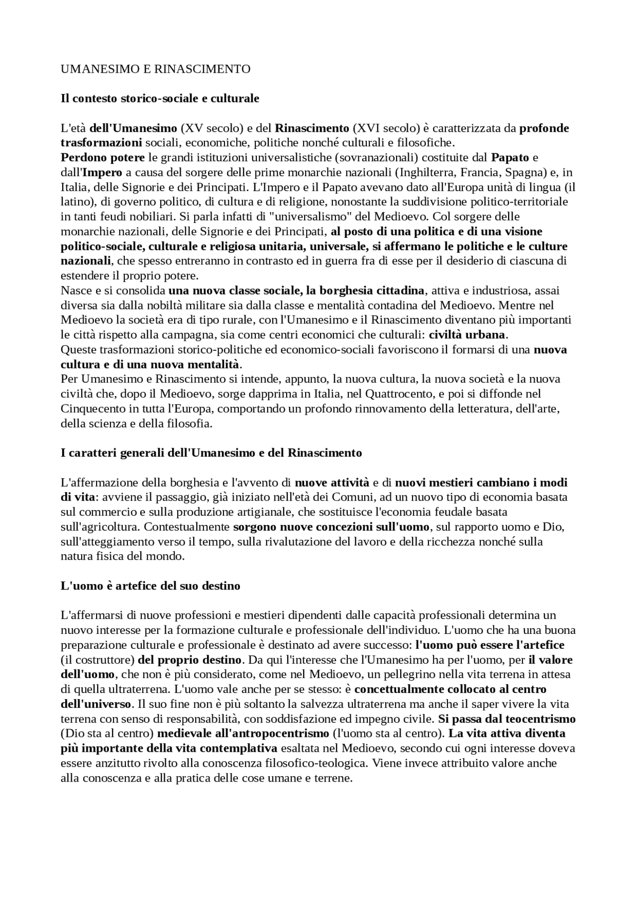 Umanesimo E Rinascimento Docsity
