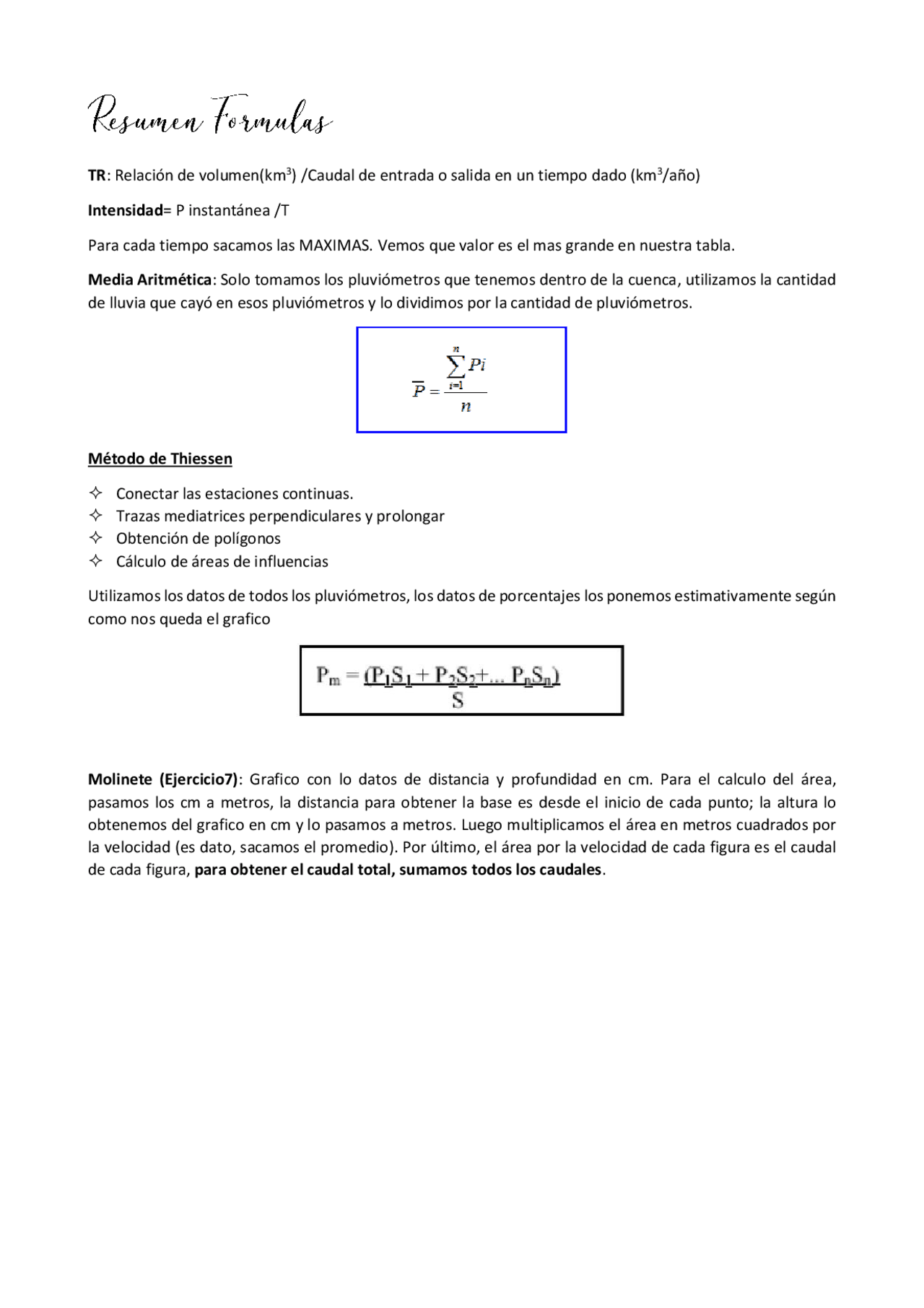 resumen de formulas hidrologia | Appunti di Idrologia | Docsity