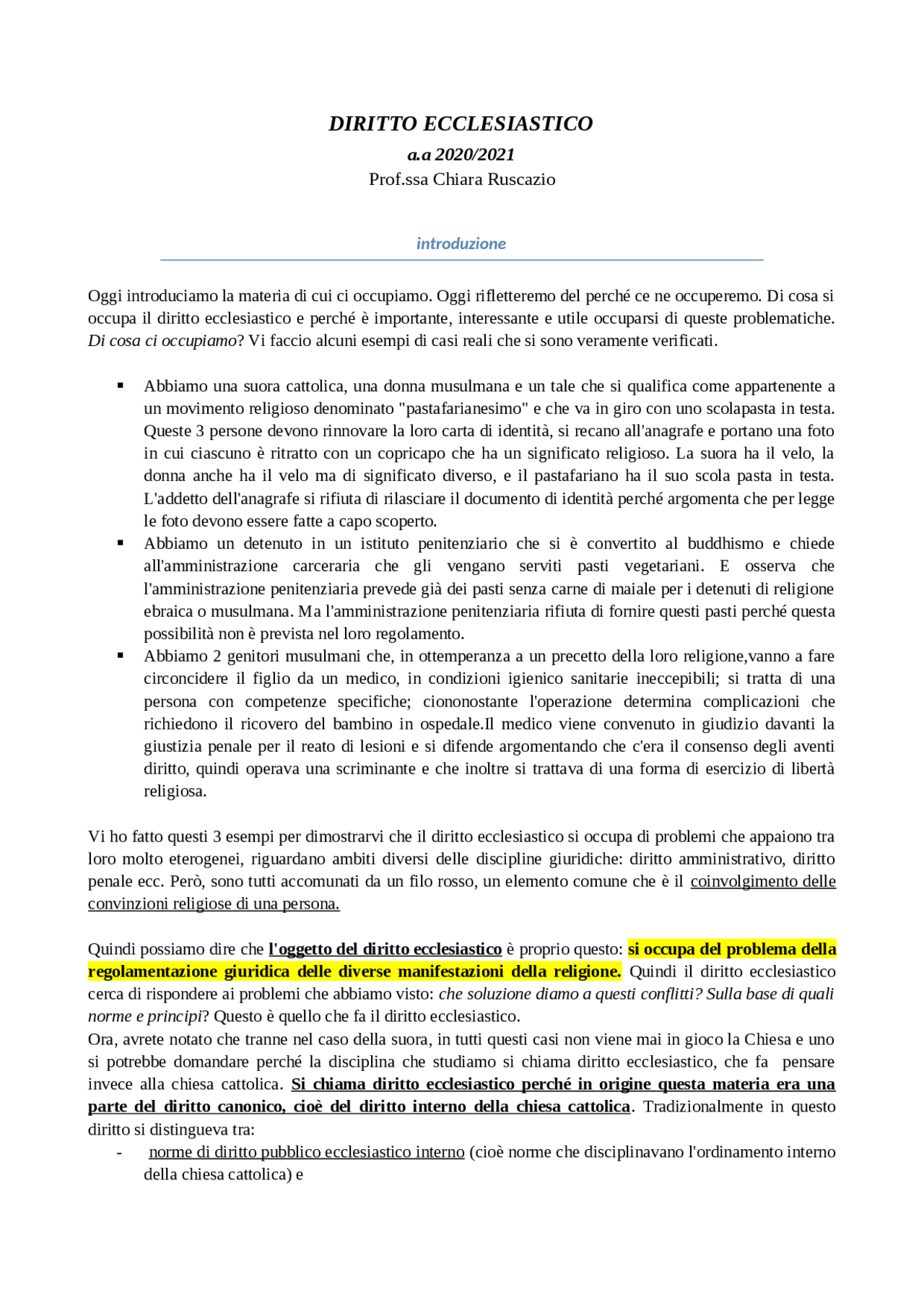 Diritto Ecclesiastico Docsity