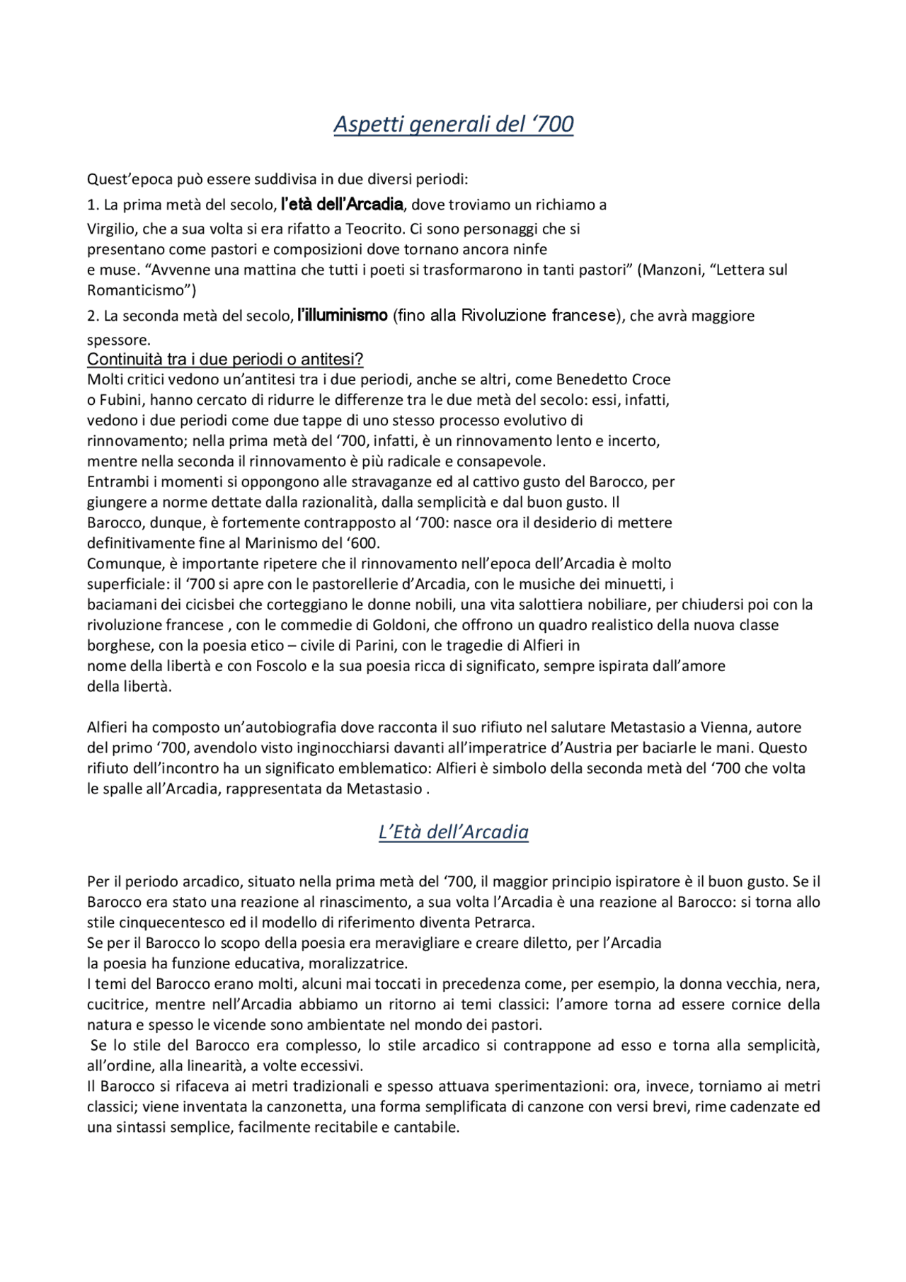 Appunti Sul Illuminismo E Arcadia Docsity