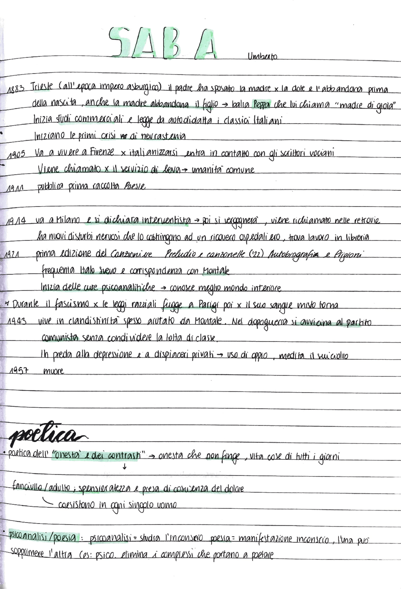 Saba Poetica E Opere Docsity