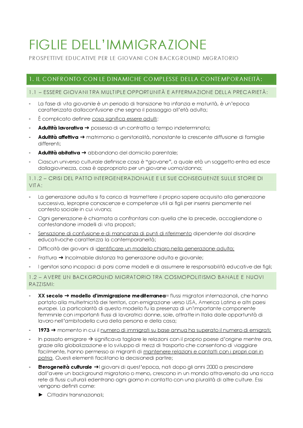 RIASSUNTO "FIGLIE DELL'IMMIGRAZIONE. PROSPETTIVE EDUCATIVE PER LE ...