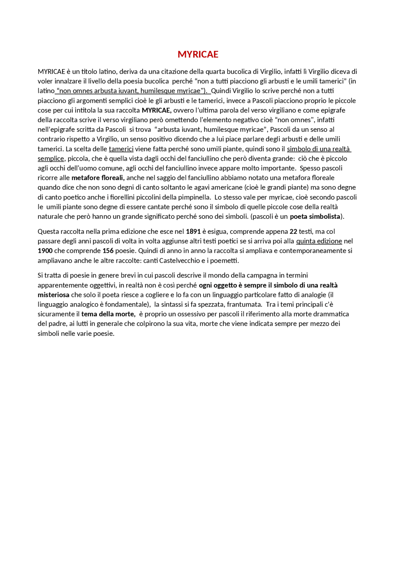 Myricae, raccolta di poesie di Pascoli. - Docsity