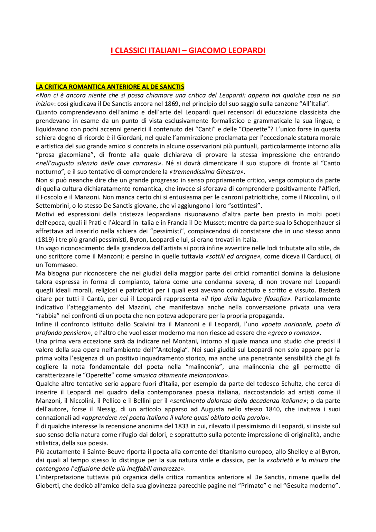 Riassunti critica su Leopardi - Docsity