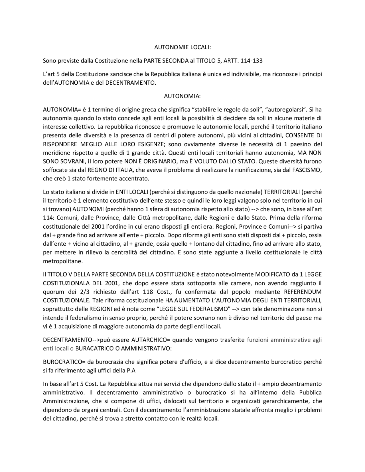 Autonomie Locali E Decentramento Docsity
