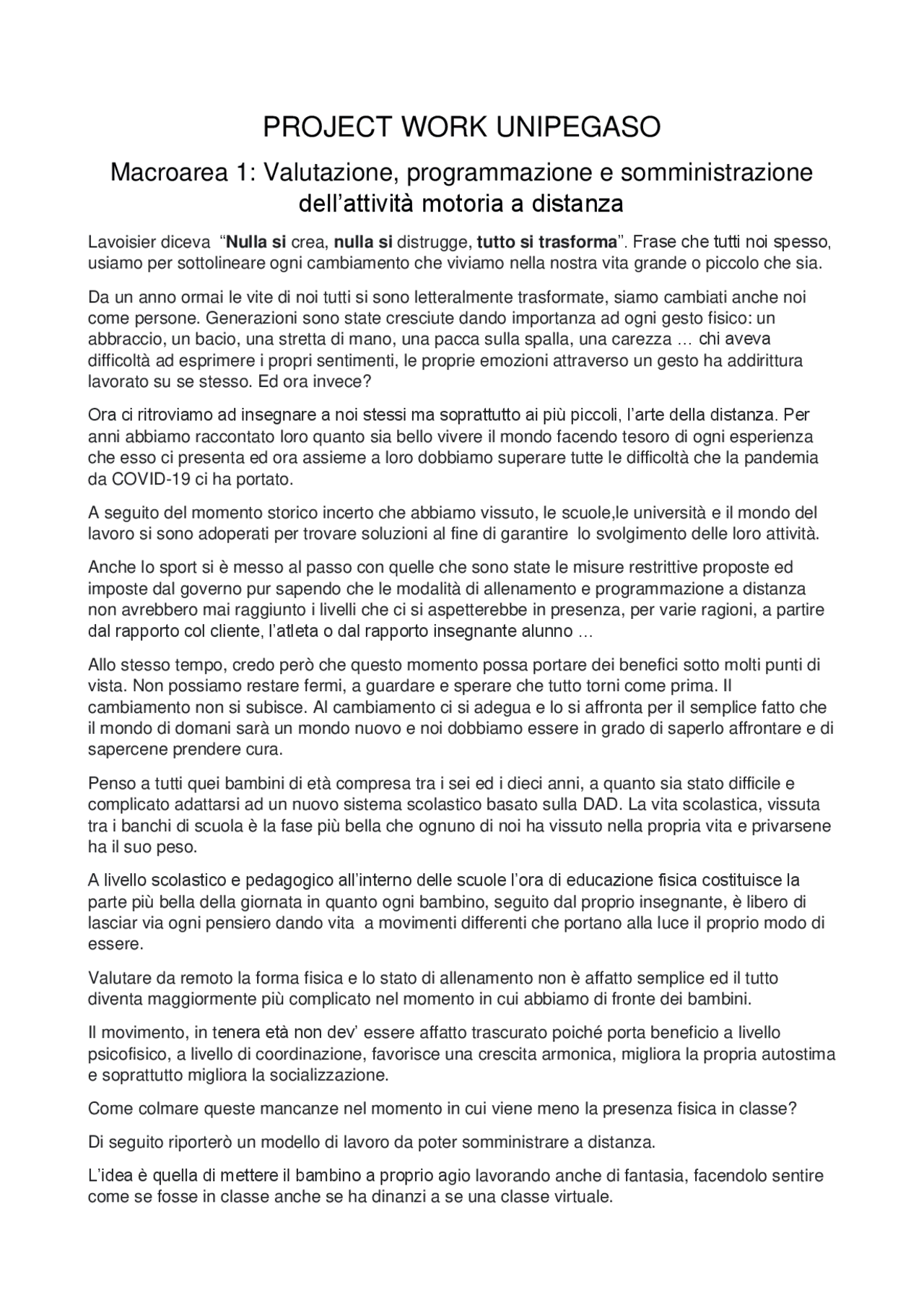 Project Work Unipegaso Macroarea 1 Valutazione Programmazione E