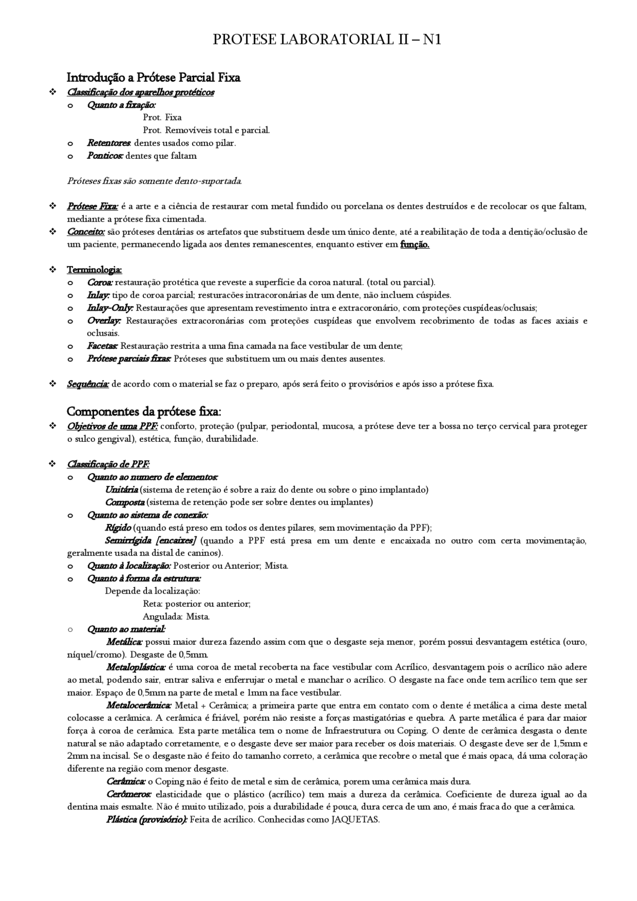 RESUMO PROTESE FIXA - RESUMO ODONTOLOGIA - PROTESE FIXA - Docsity