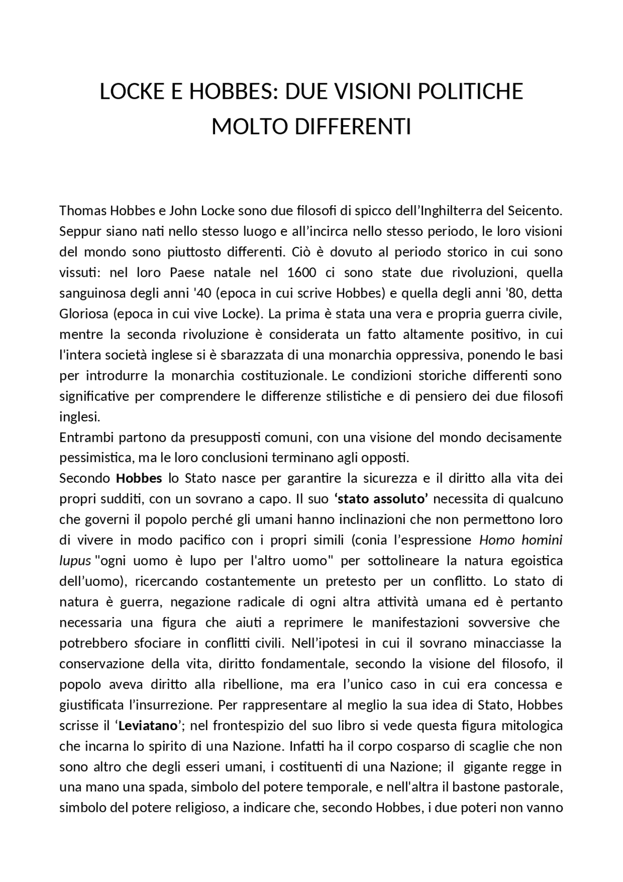 Confronto Locke E Hobbes Docsity