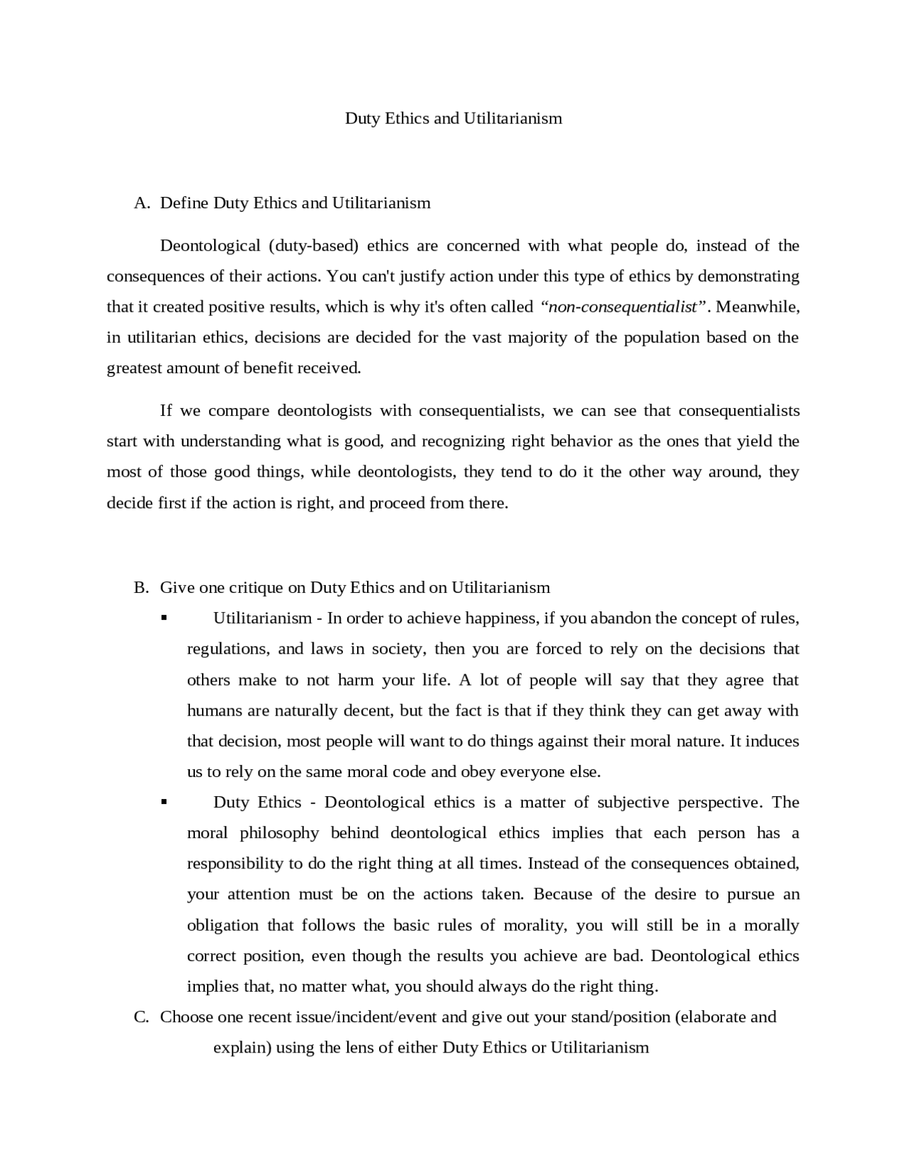 Duty Ethics (Ethics) | Essays (university) Ethics | Docsity