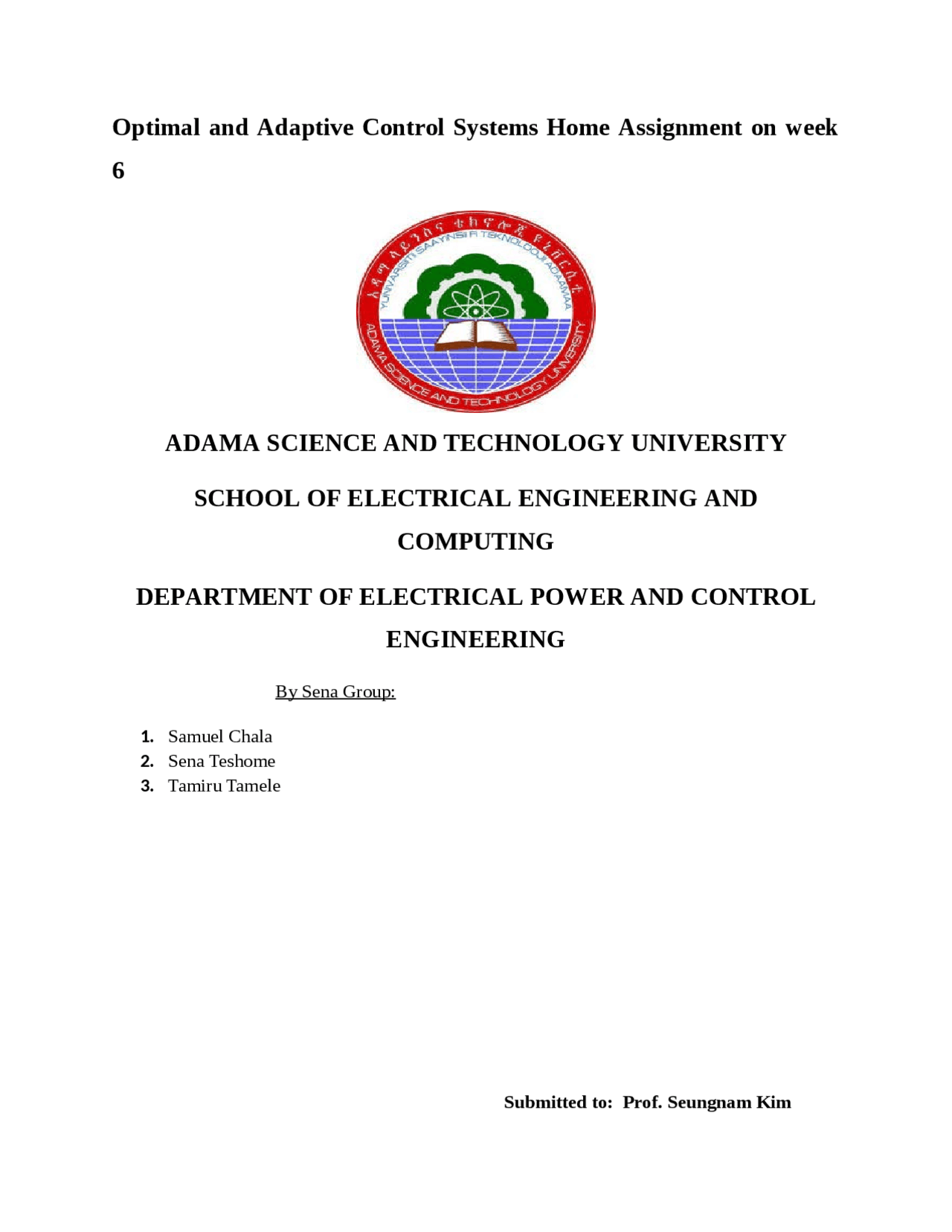 Optimal And Adaptive Control Systems Home Assignment On W Docsity