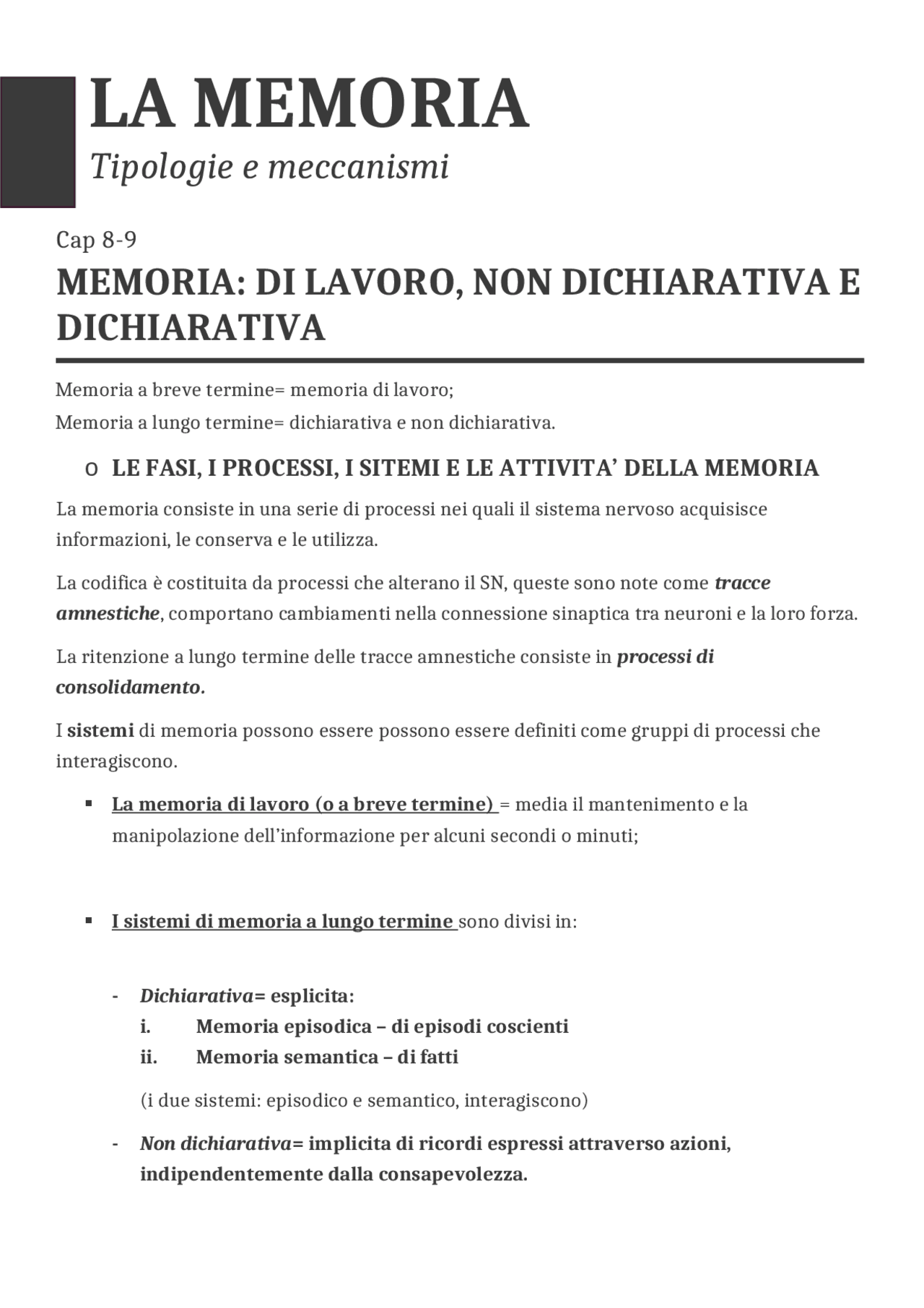 Neuroscienze Cognitive Memoria Docsity