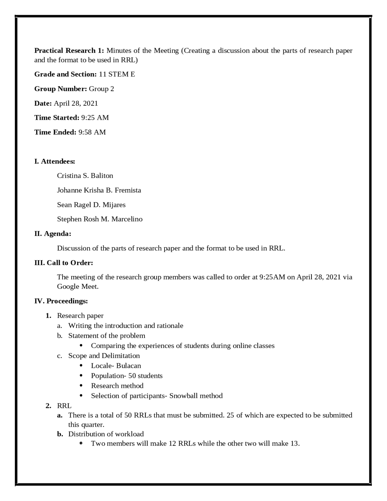 Practical Research 1 Minutes of the Meeting (Creating a d - Docsity