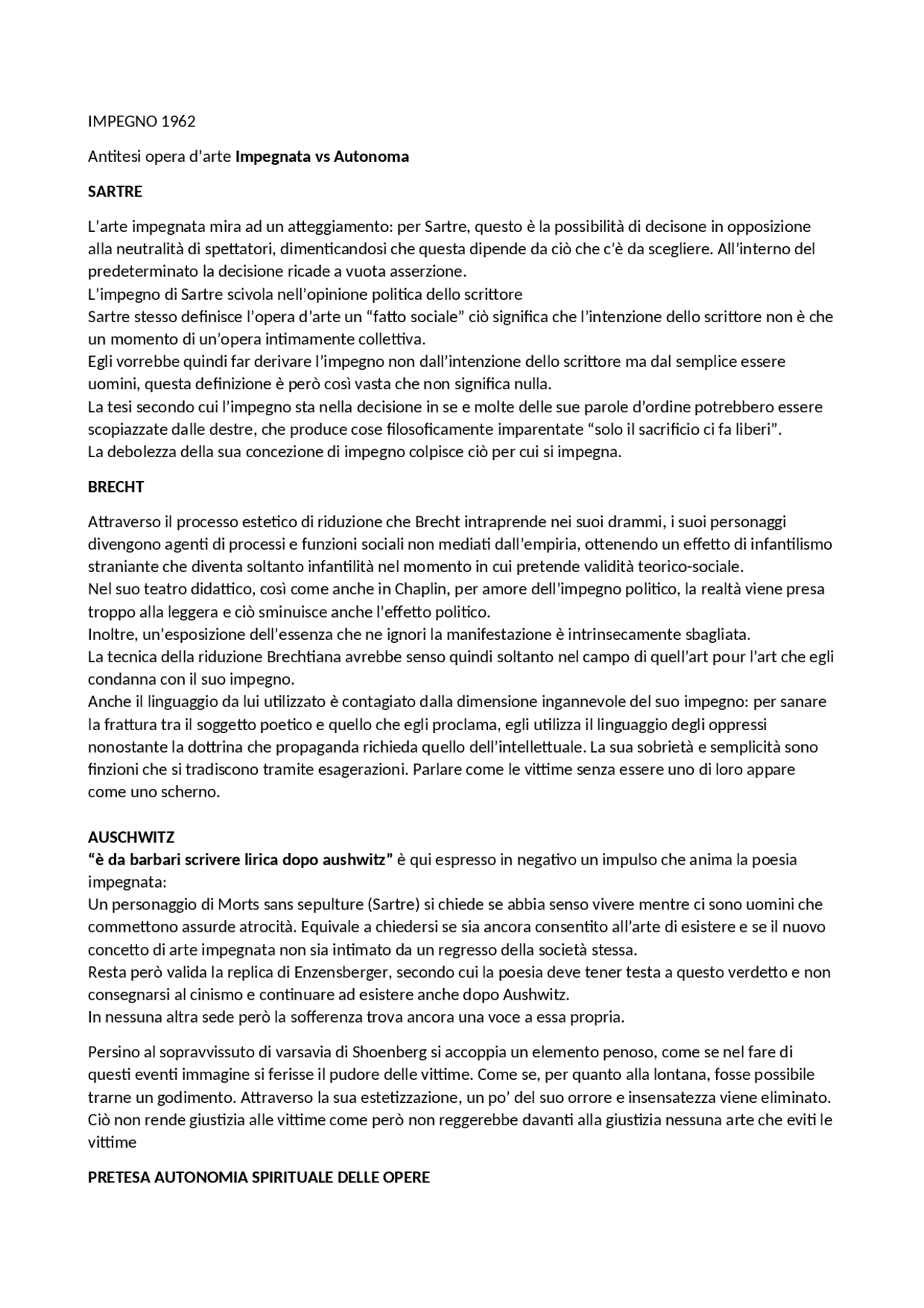 Impegno, Adorno riassunto e concetti chiave - Docsity
