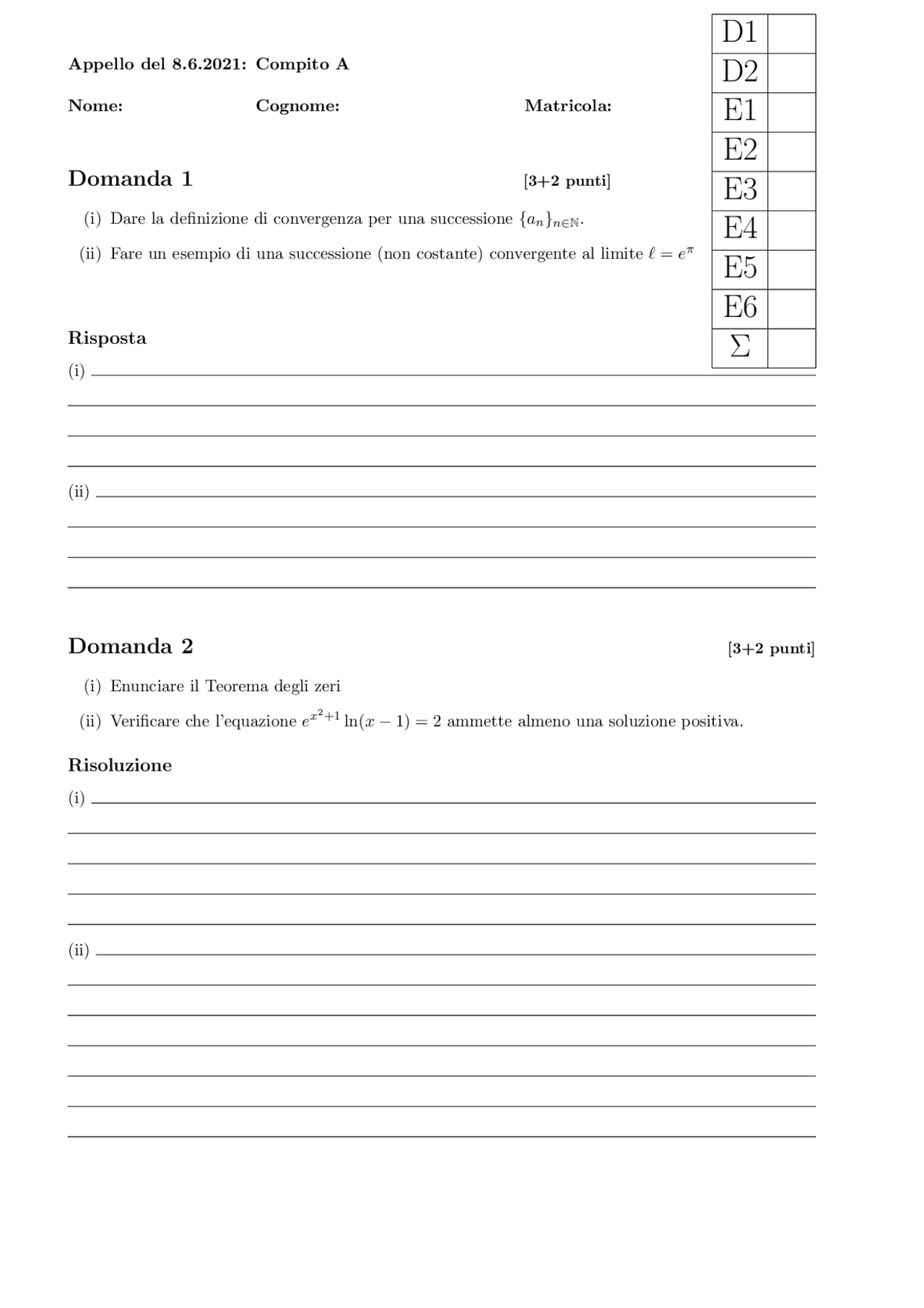 Compito di analisi matematica con il professore Camilli - Docsity