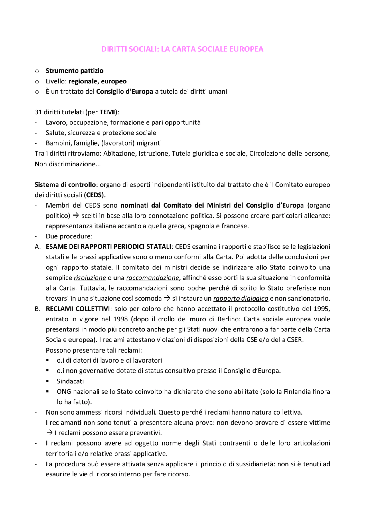 Carta sociale europea - Docsity