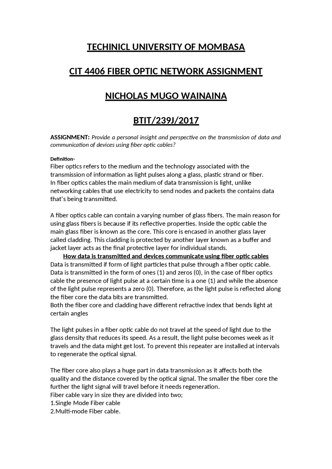 Fiber optics assignment - Docsity