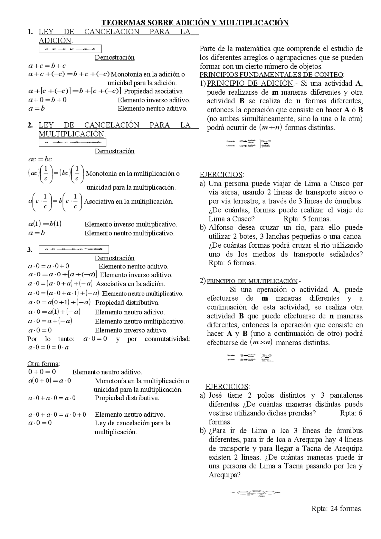 Teoremas sobre adición y multiplicación - Docsity