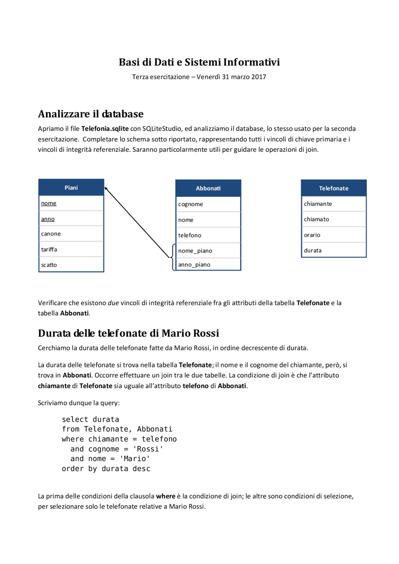 Esercitazione Sul Join Sql Esercizi Di Basi Di Dati Docsity