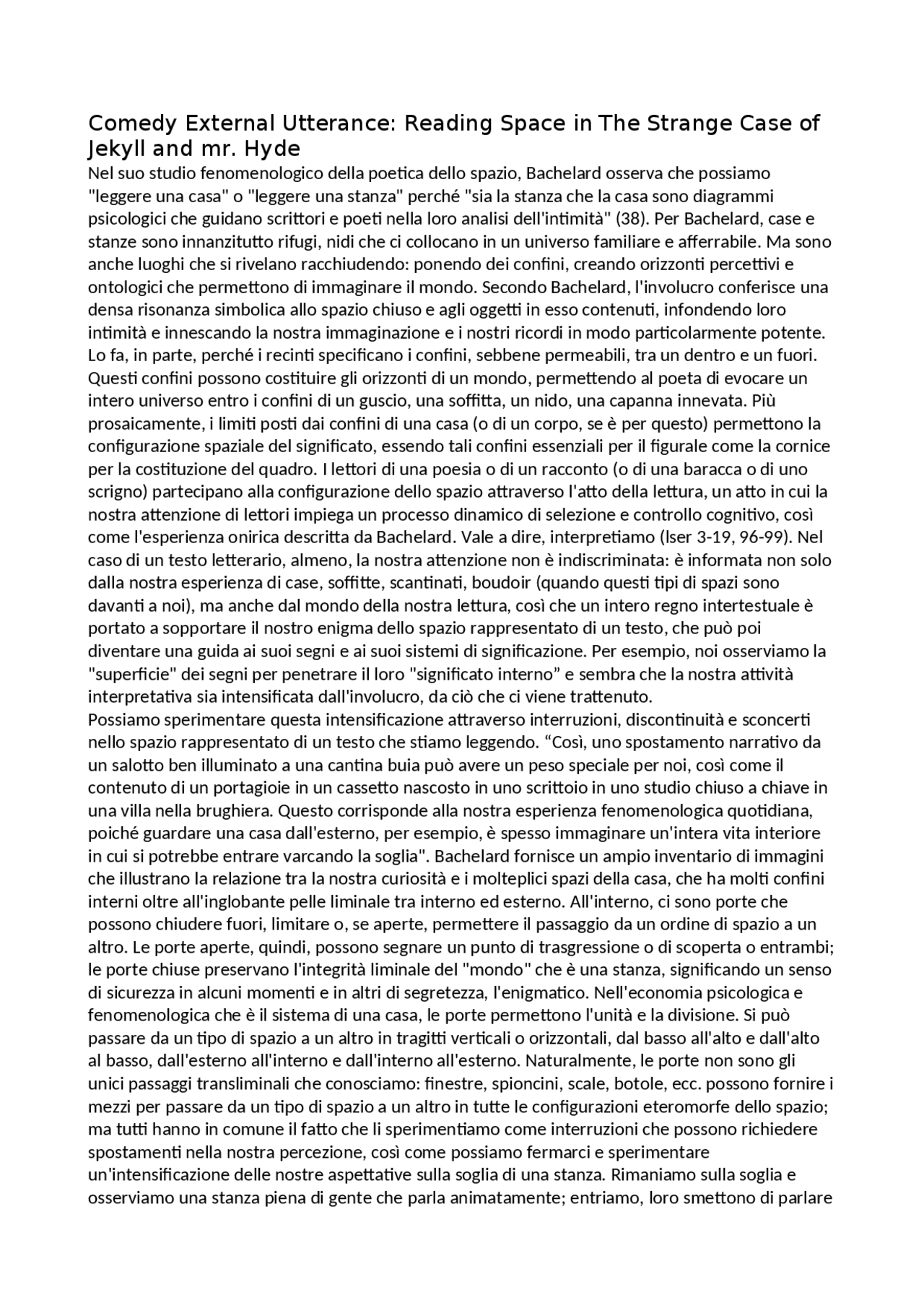 Traduzione del saggio "Comedy and external utterance: reading the space in The Strange Case of ...