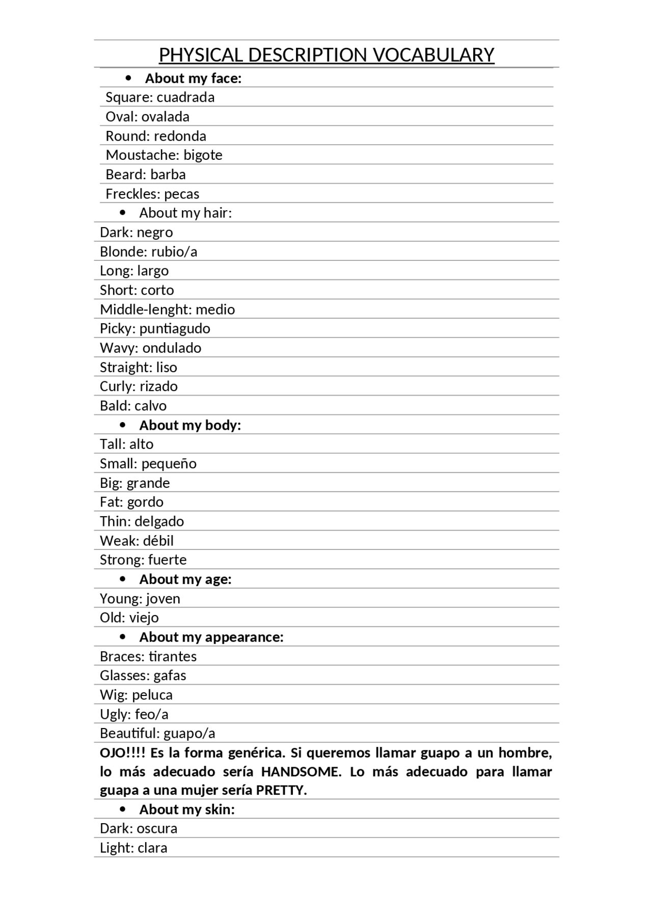 Physical description vocabulary - Docsity