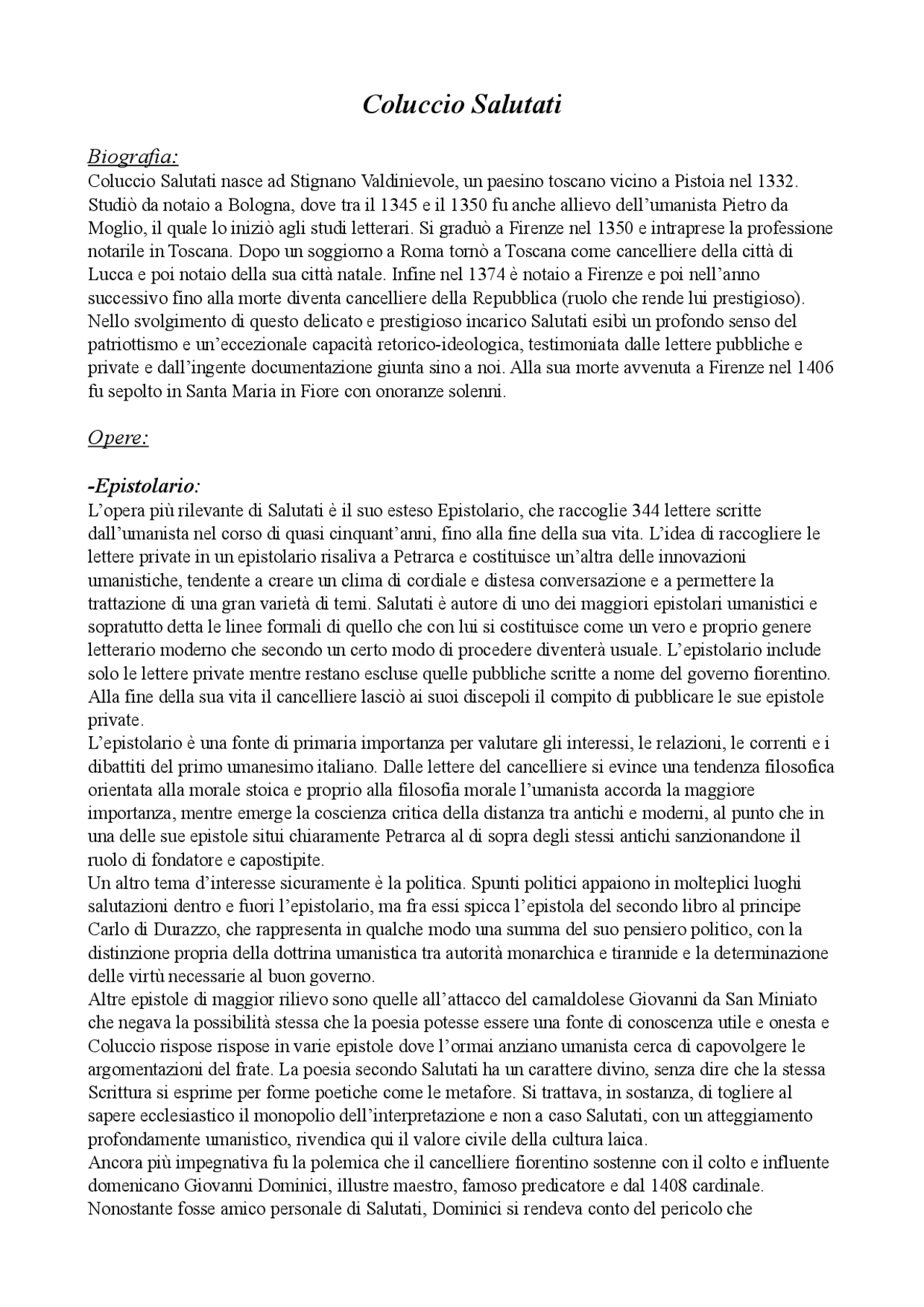 Biografia e opere di Coluccio Salutati - Docsity