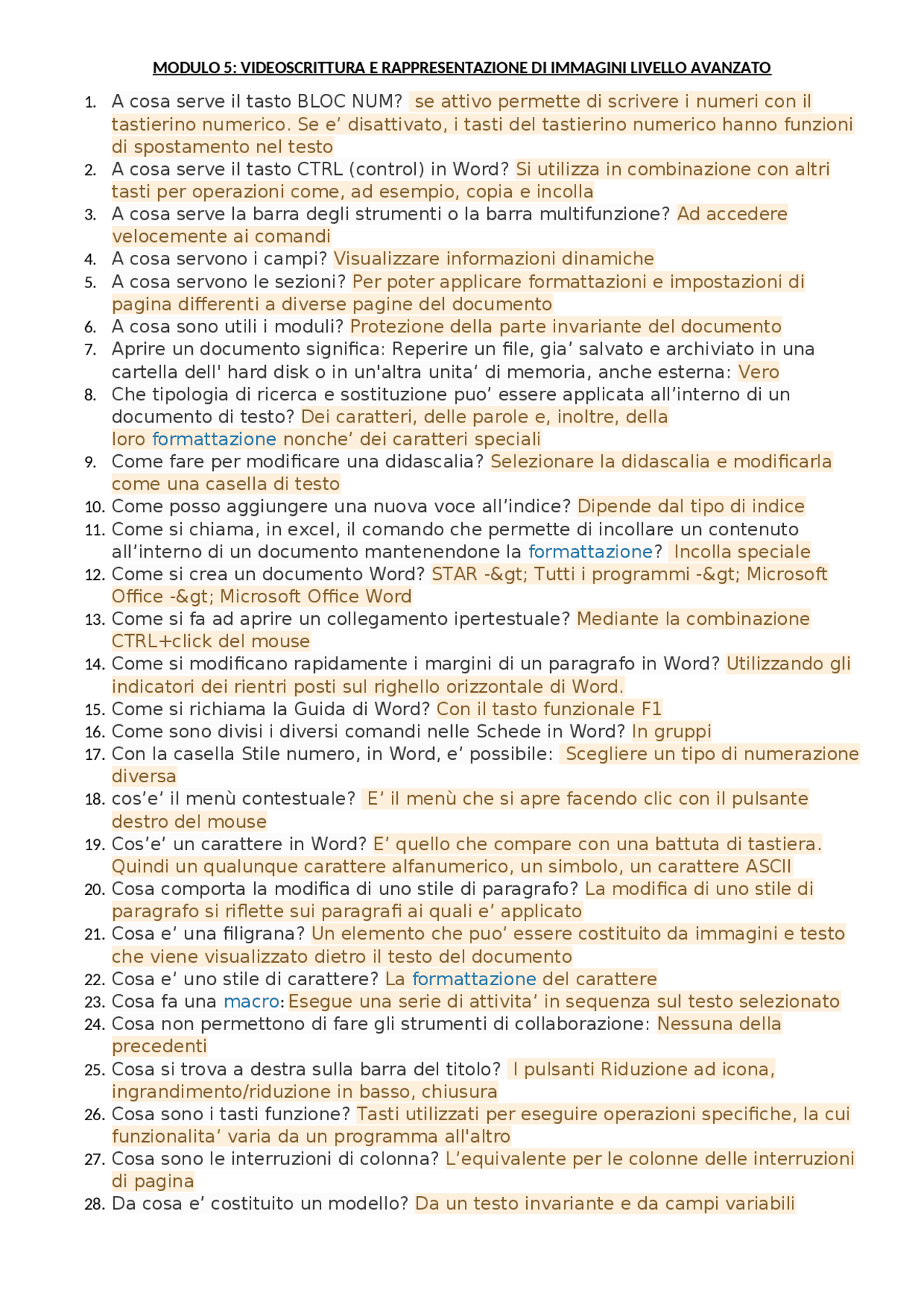 Modulo 5 Videoscrittura e rappresentazione di immagini livello avanzato Eirsaf Full - Docsity