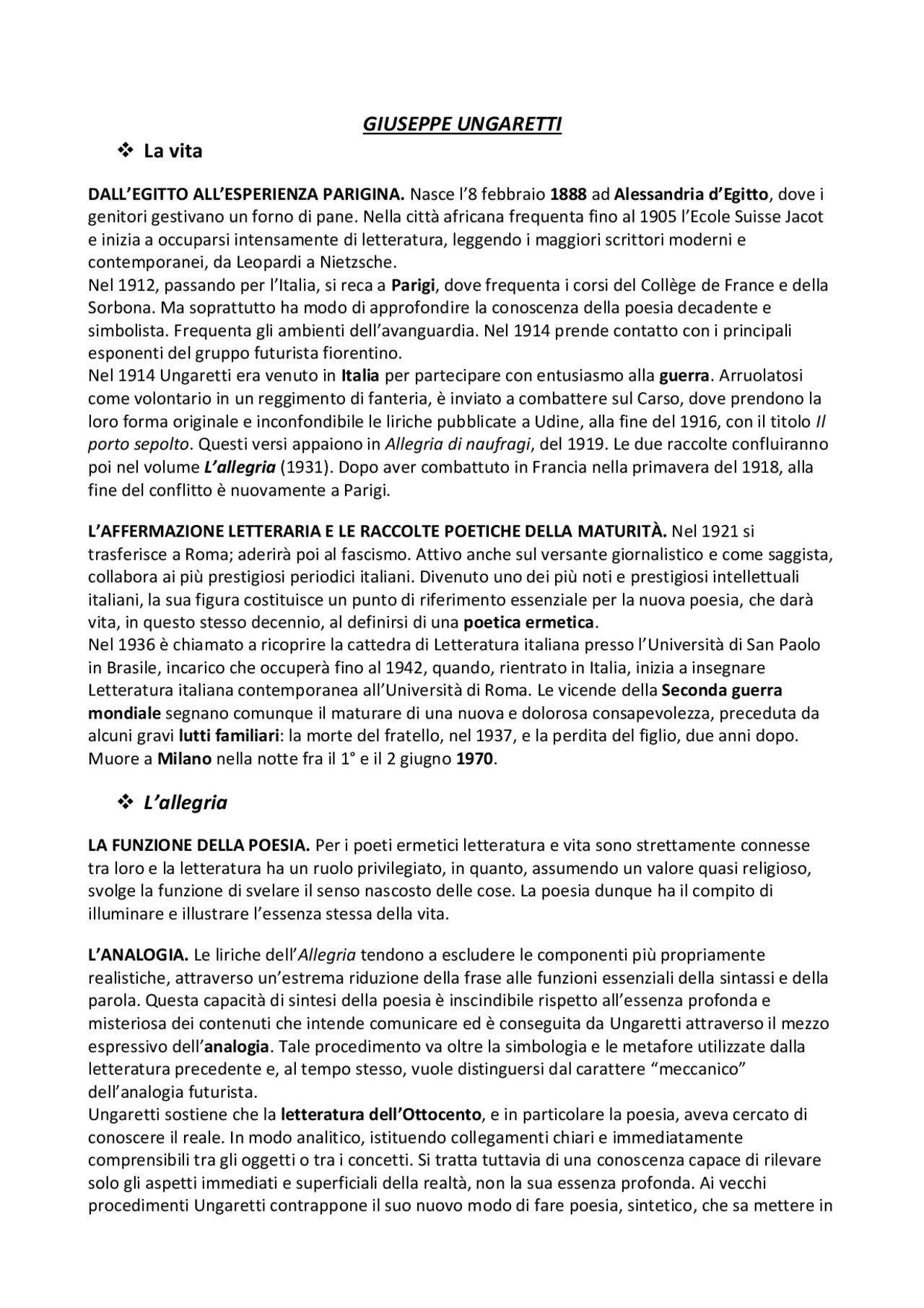 Vita E Opere Di Giuseppe Ungaretti Docsity