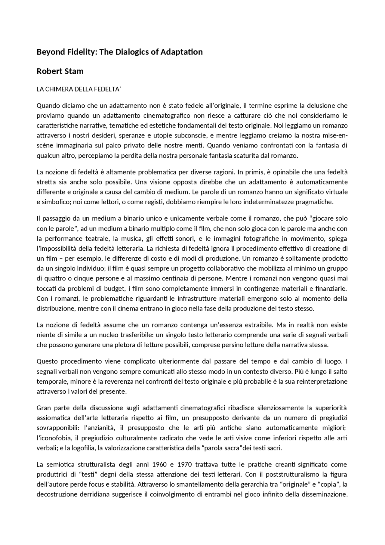Beyond Fidelity The Dialogics Of Adaptation Riassunto Docsity