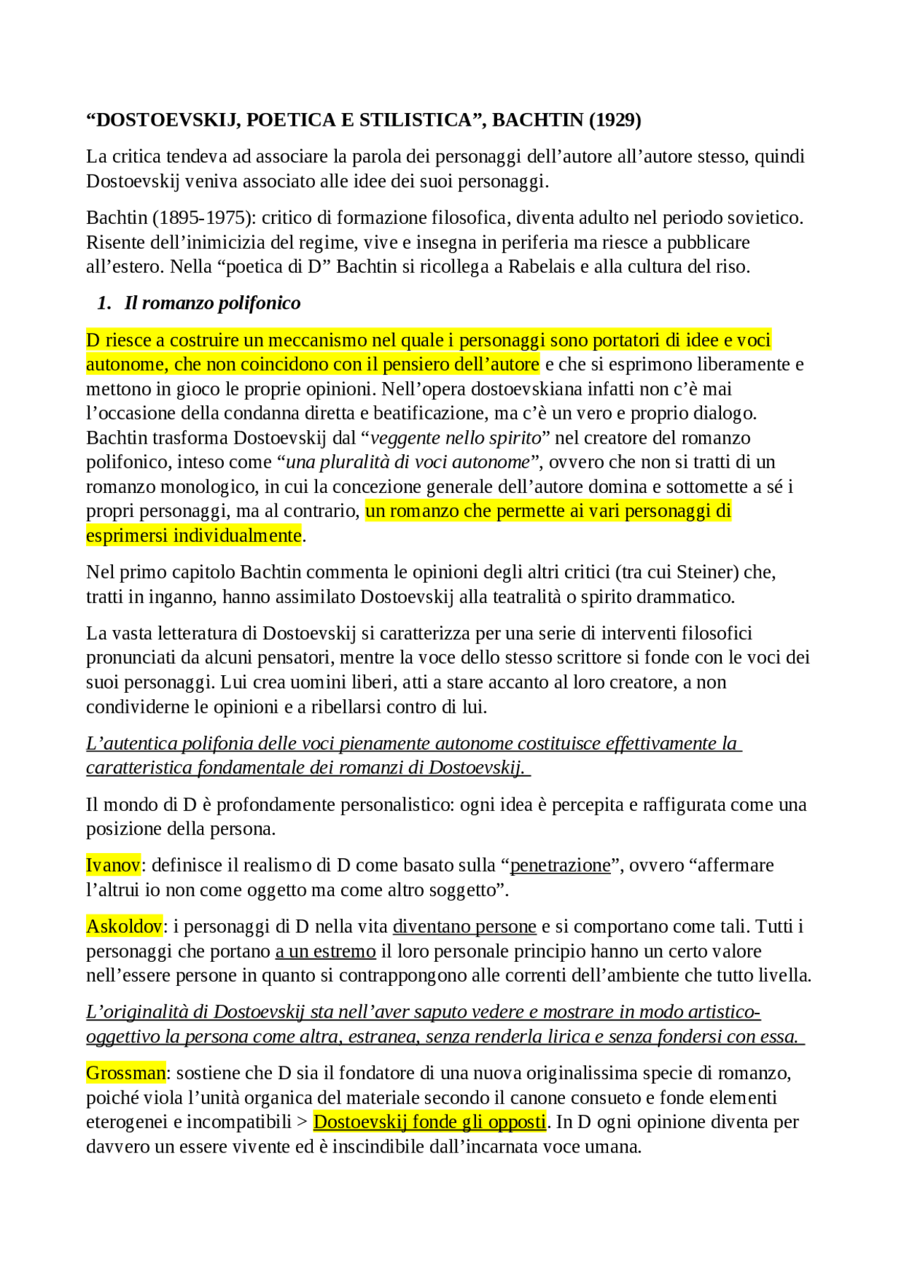 Schema Su Dostoevskij Di Bachtin Docsity