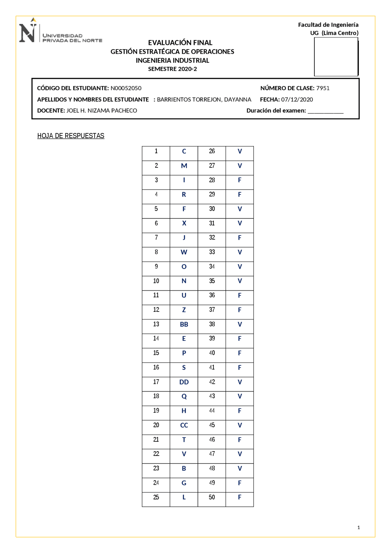 EXAMEN FINAL GESTION TACTICA UPN | Exámenes de Investigación de Operaciones - Docsity