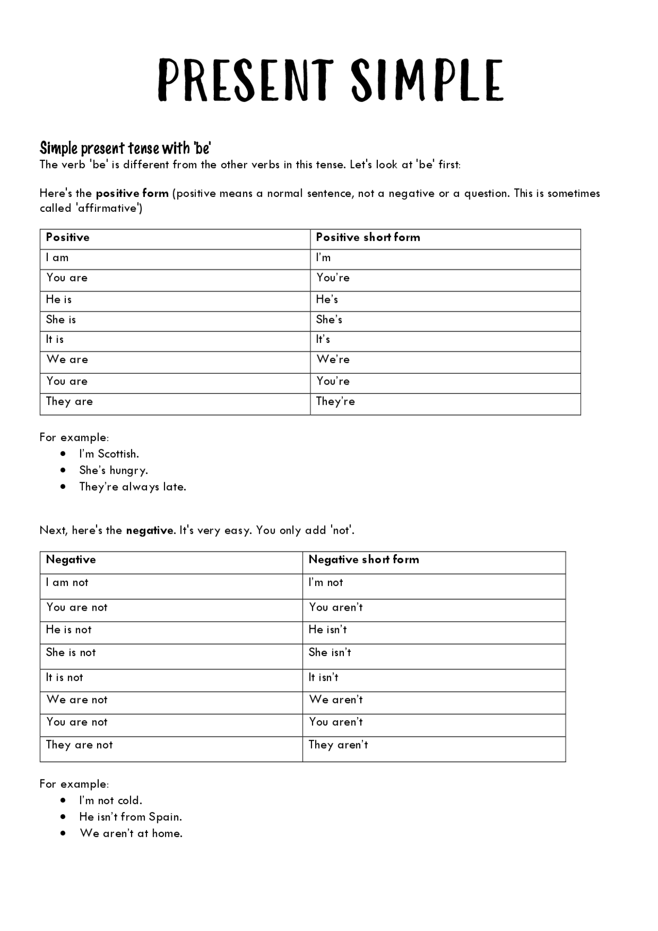 Present Simple Schema e Appunti Lingua Inglese - Docsity