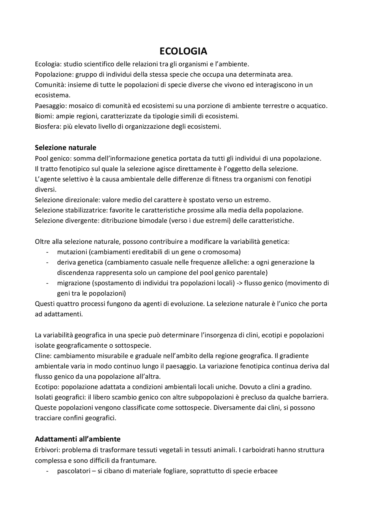 Riassunto Elementi Di Ecologia Docsity