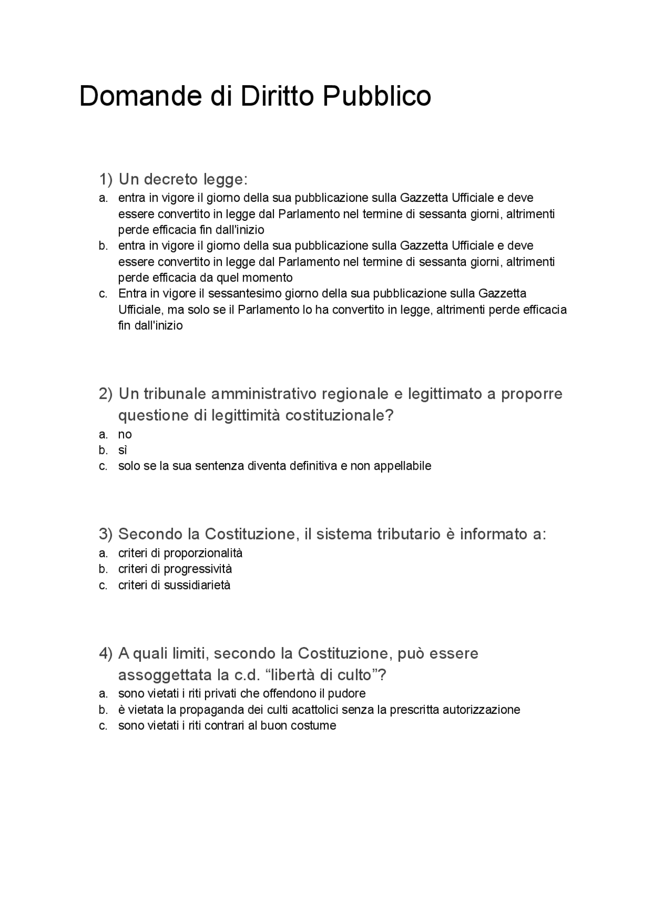 Domande di Diritto Pubblico | Prove d'esame di Diritto Pubblico | Docsity