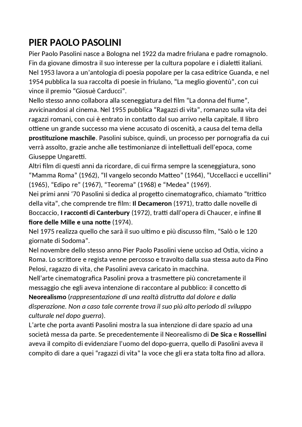 Pier paolo pasolini appunti - Docsity