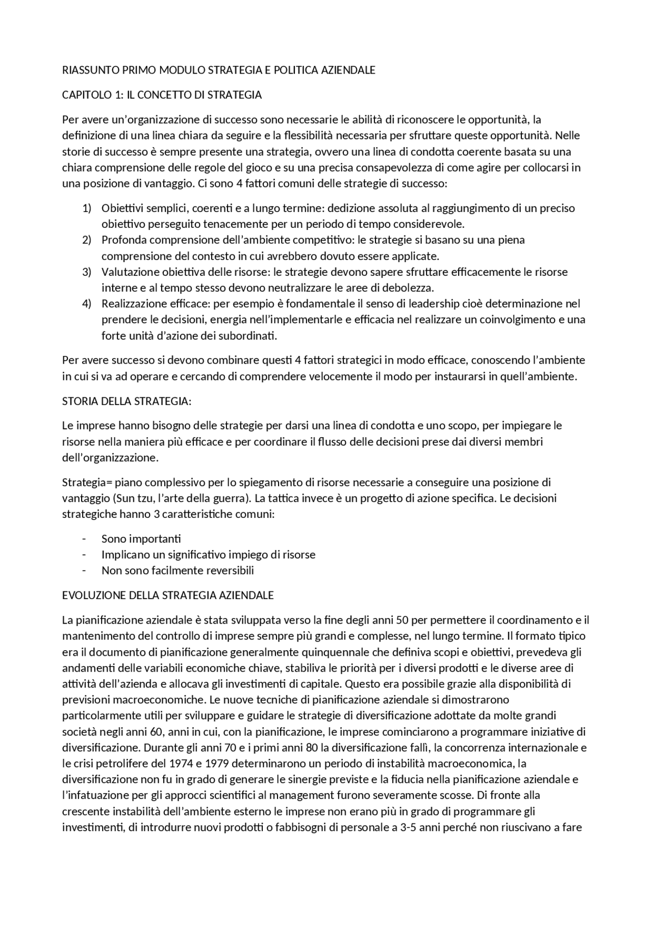 Riassunto completo primo modulo strategia e politica aziendale - Docsity