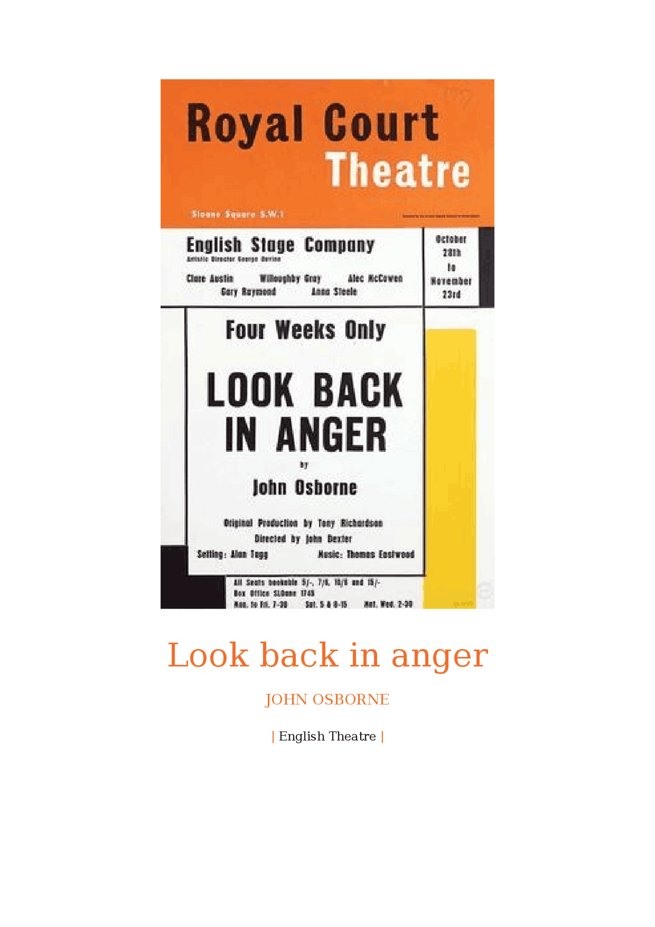 Review Resumen Look Back In Anger Docsity