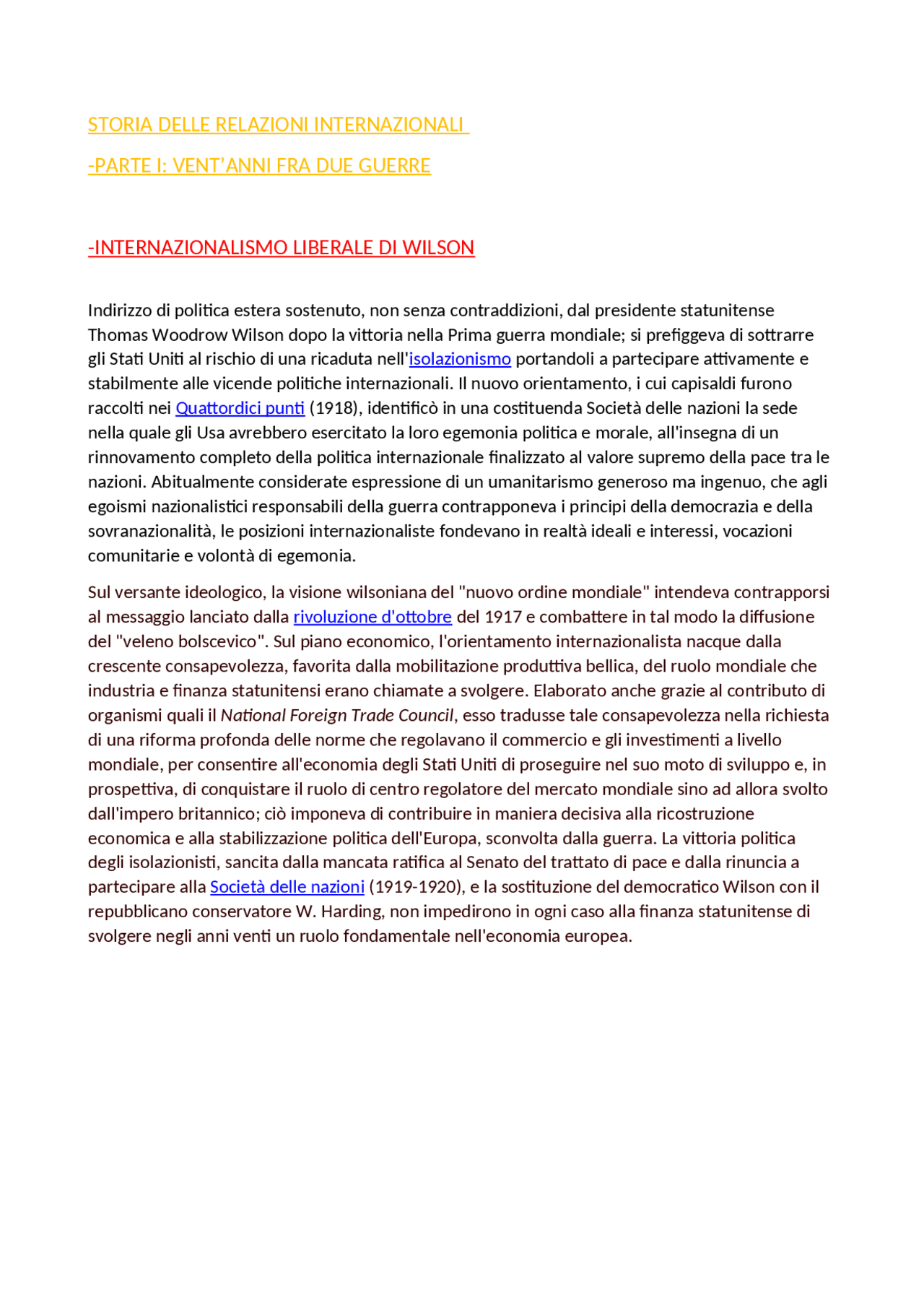 Lenin e Wilson internazionalismo - Docsity