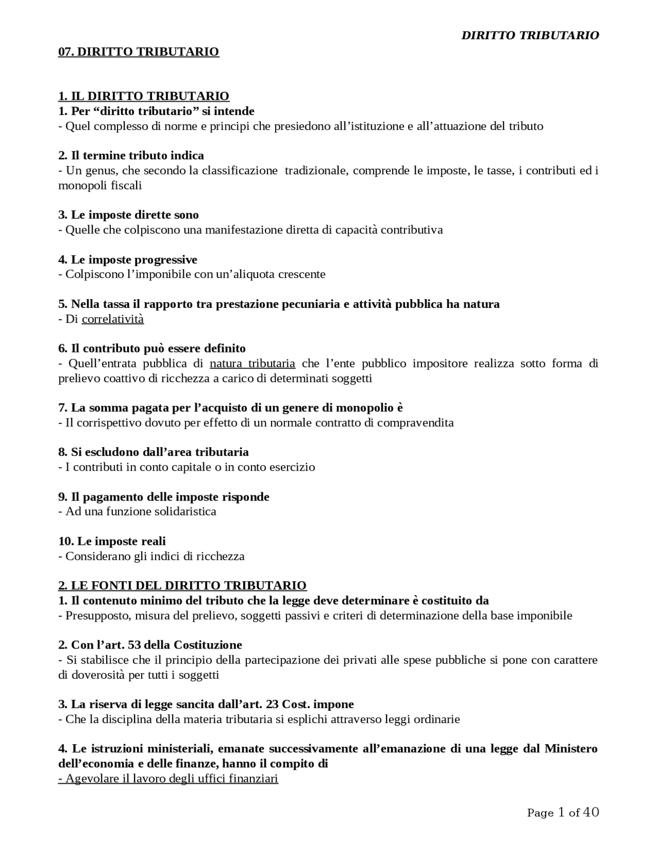 UNIPEGASO_DIRITTO TRIBUTARIO_DOMANDE E RISPOSTE - Docsity