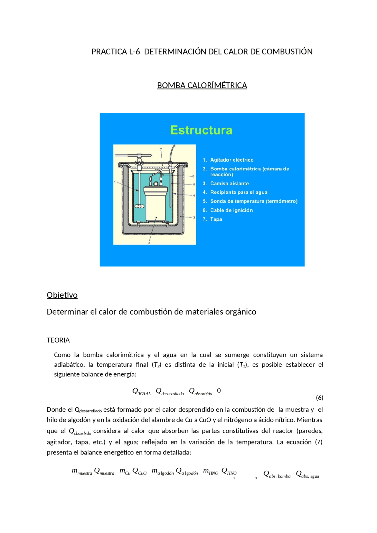 Determinación del calor de combustión. | Exercícios de Química | Docsity