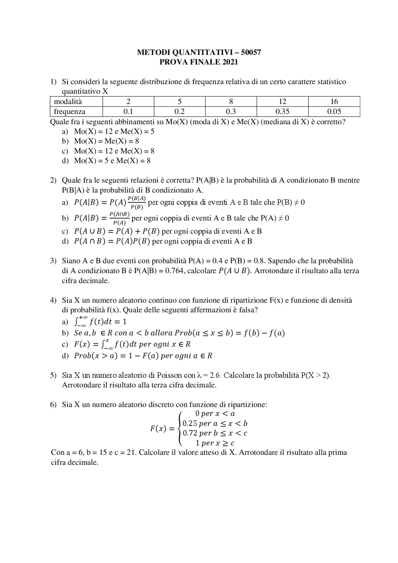 Metodi Quantitativi 50057 Prova Finale Docsity