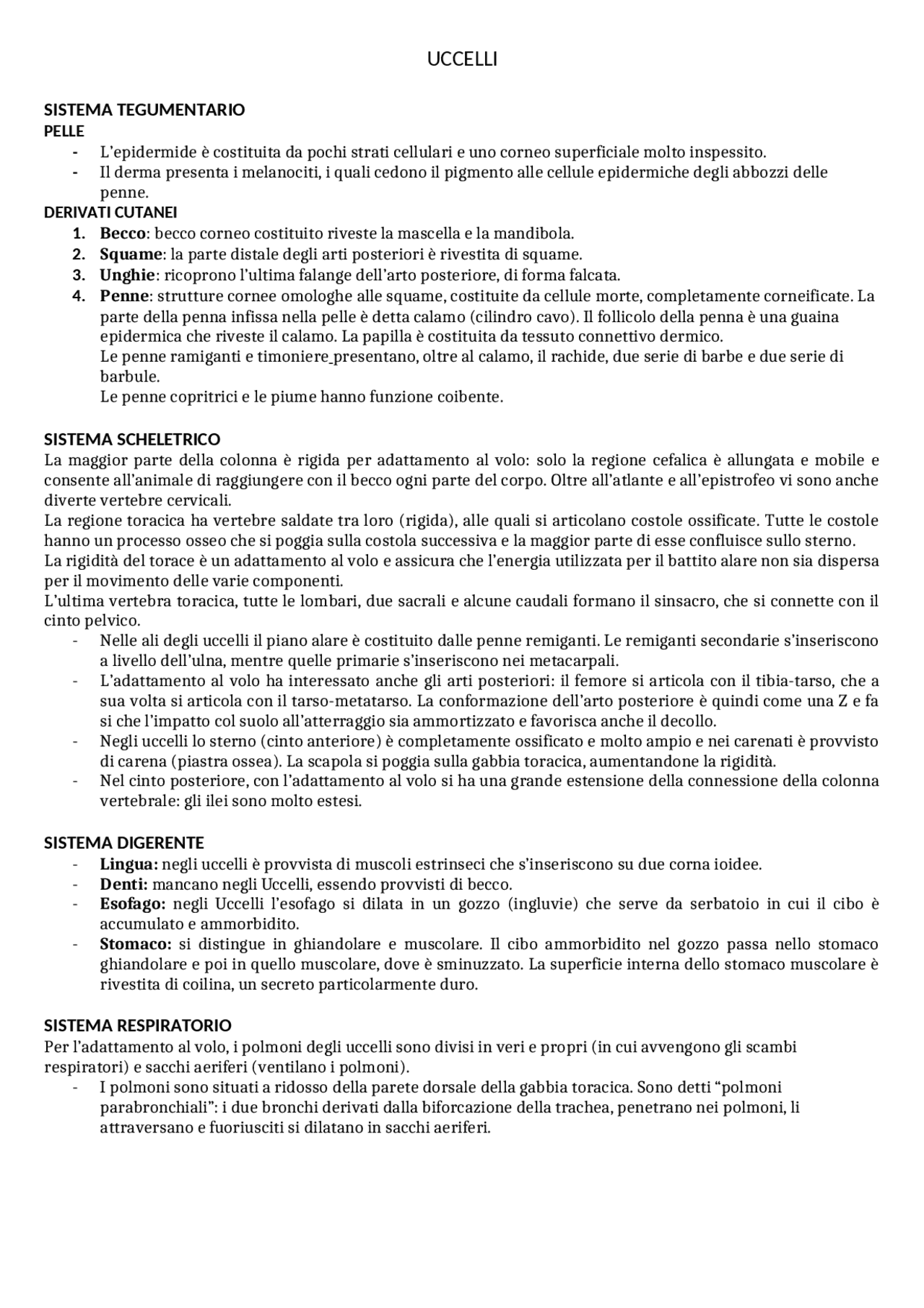 Riassunto Uccelli Anatomia Comparata Docsity
