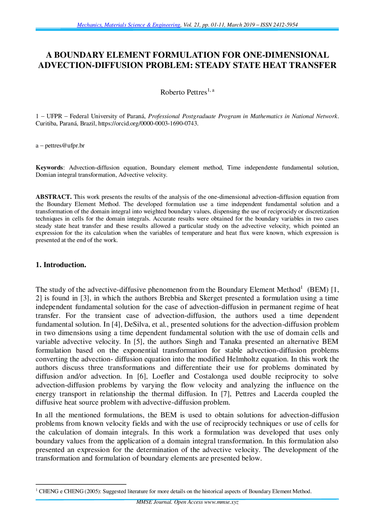 A Boundary Element Formulation For One Dimensional Advection Diffusion
