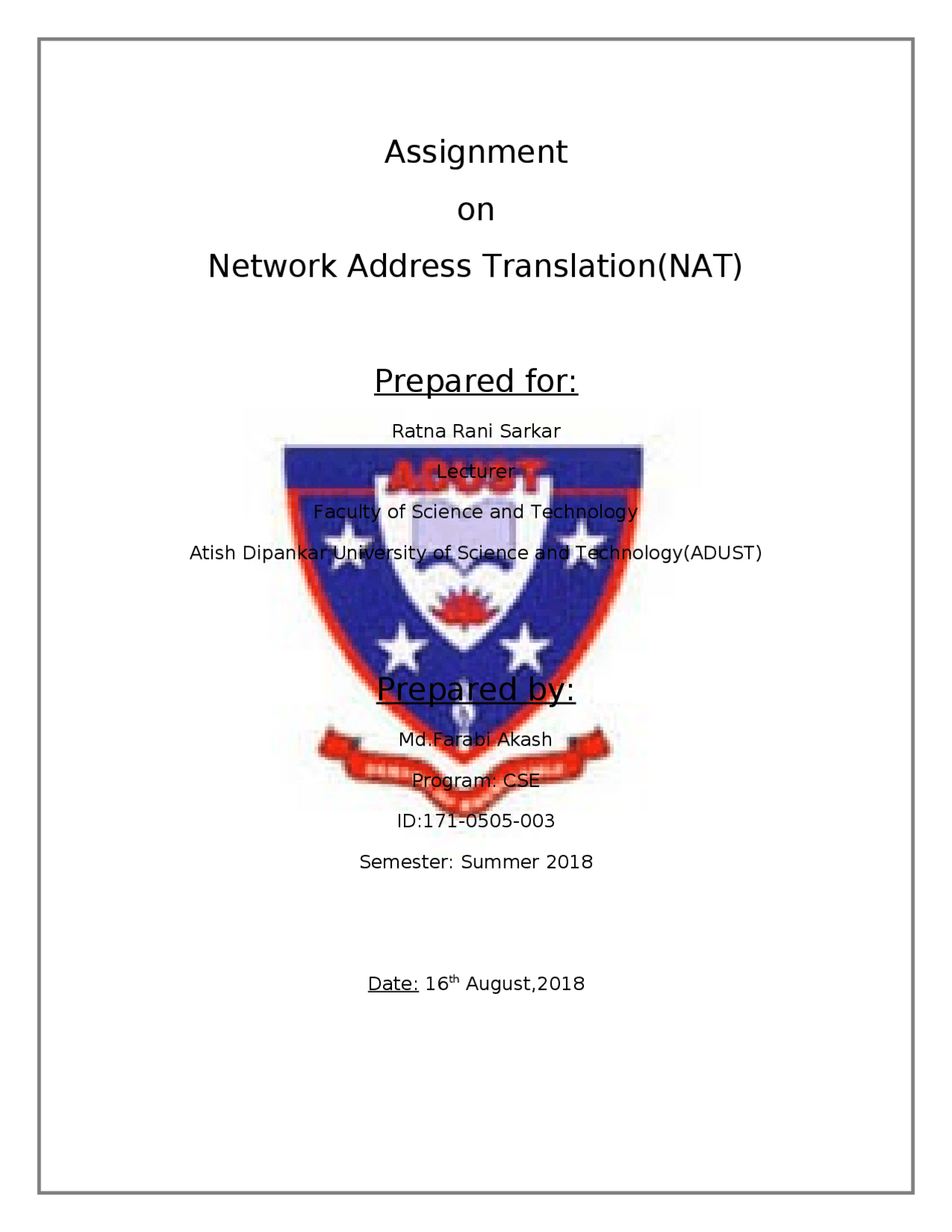 Nat Cover Page For Computer Networks Assignment Docsity