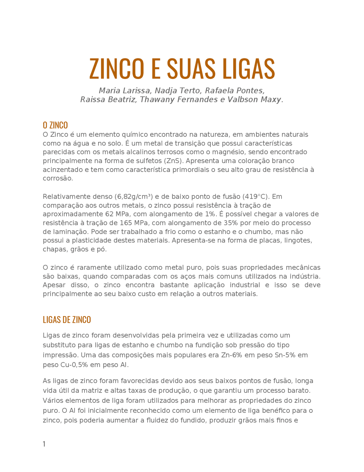 Zinco E Suas Ligas Documento Explicativo Docsity