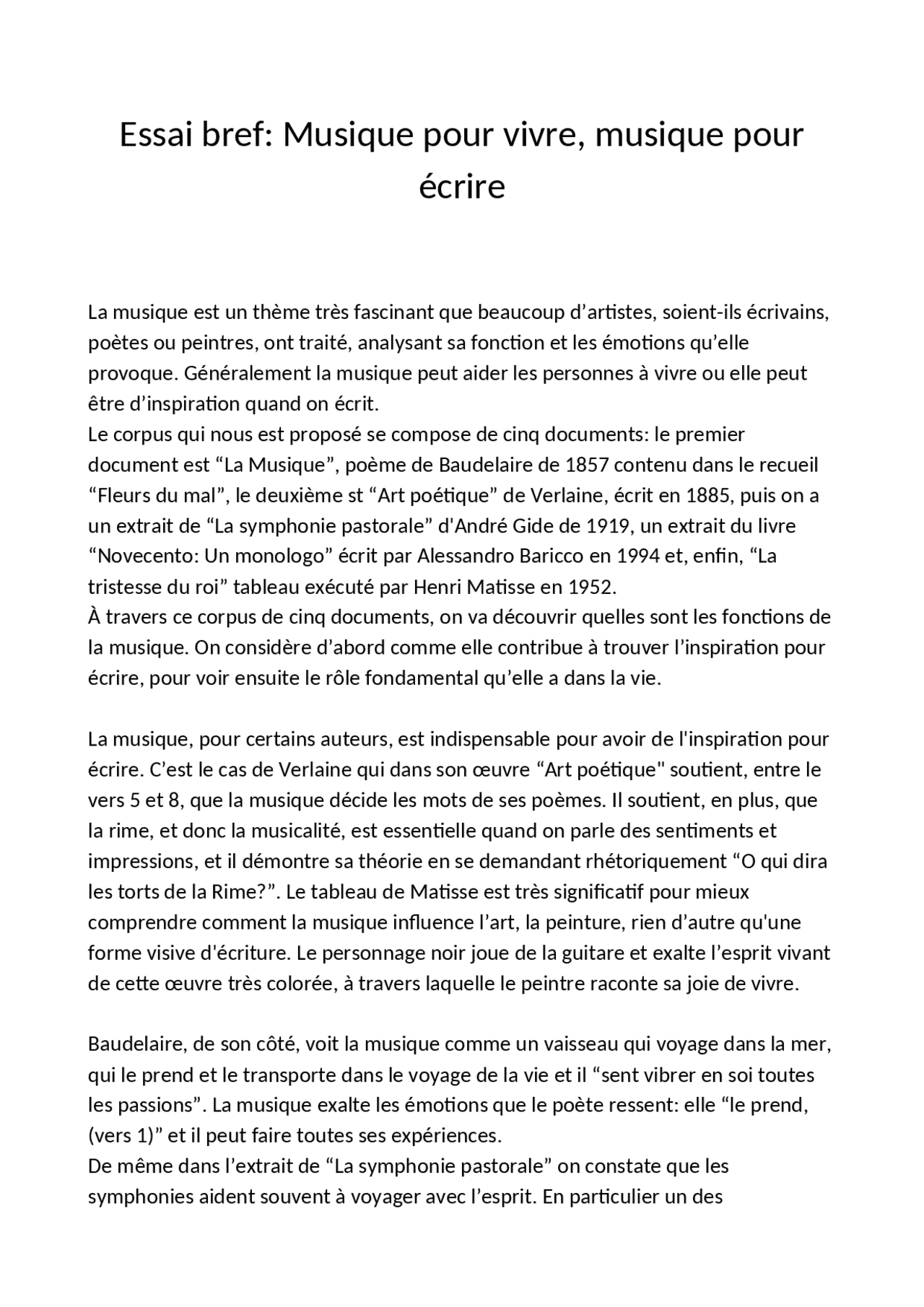 Essai bref sur la musique - EsaBac | Esercizi di Francese | Docsity