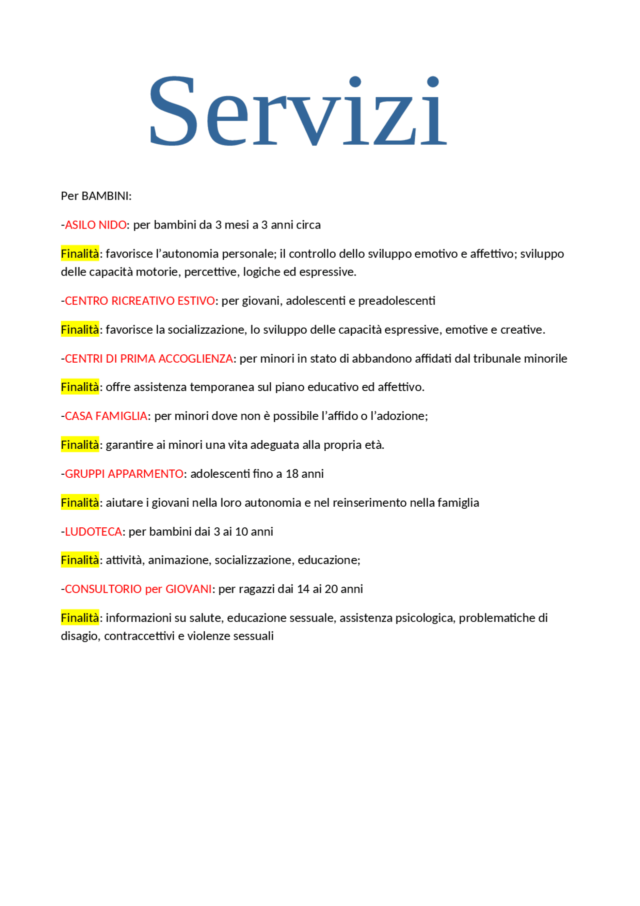 Servizi Ai Bambiniiii Docsity